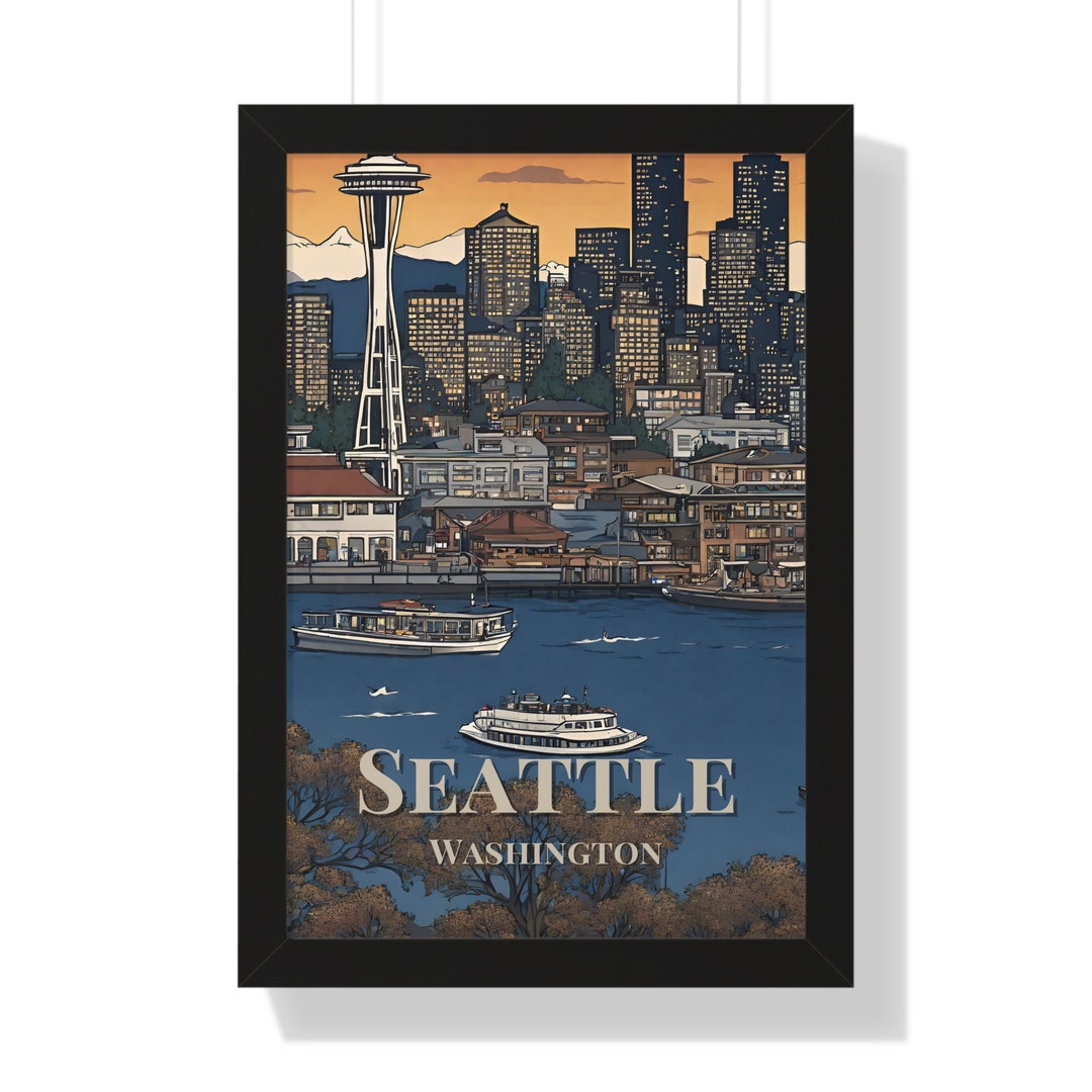 Seattle Waterfront Poster, Space Needle & Pike Place Market Artwork ...