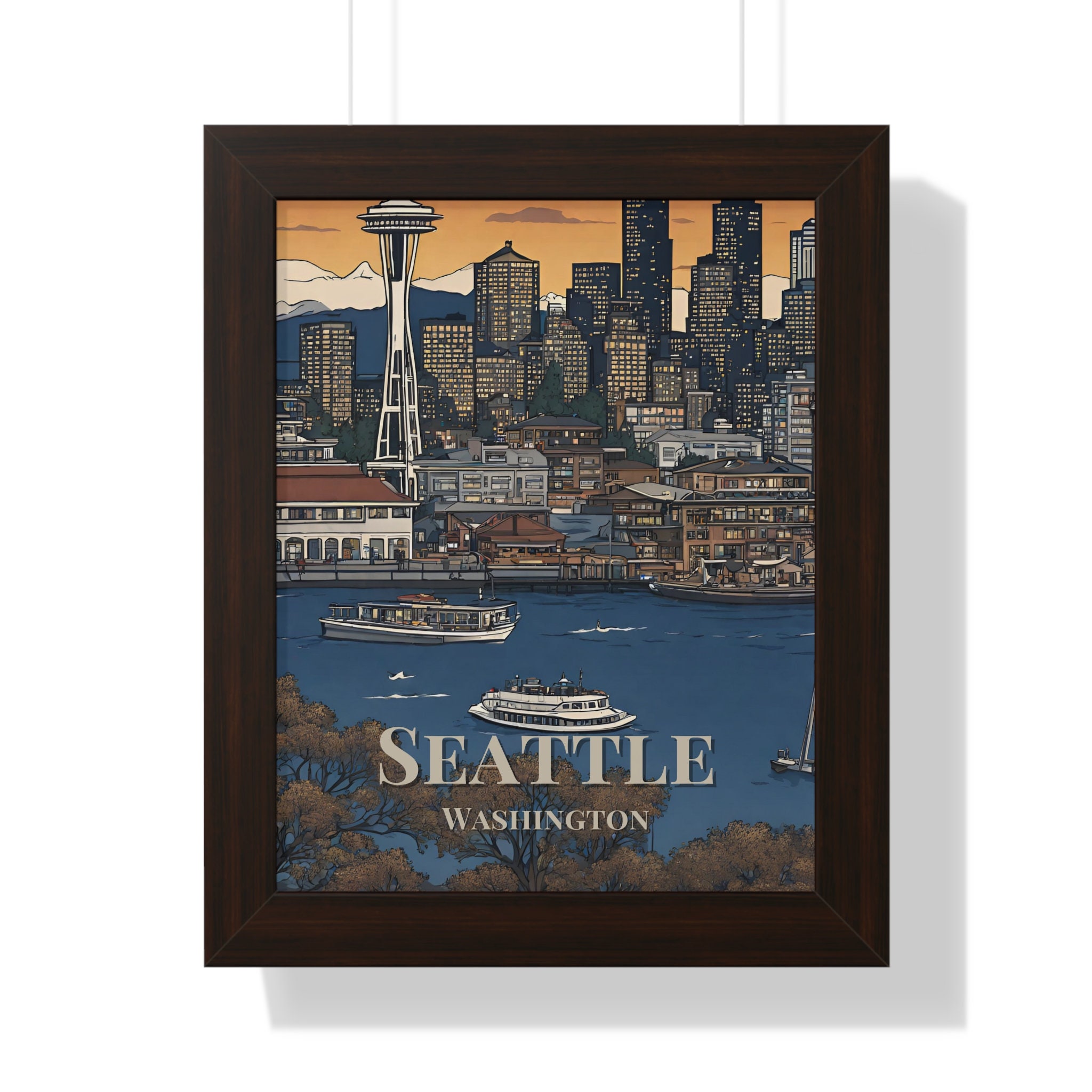 Seattle Waterfront Poster, Space Needle & Pike Place Market Artwork ...