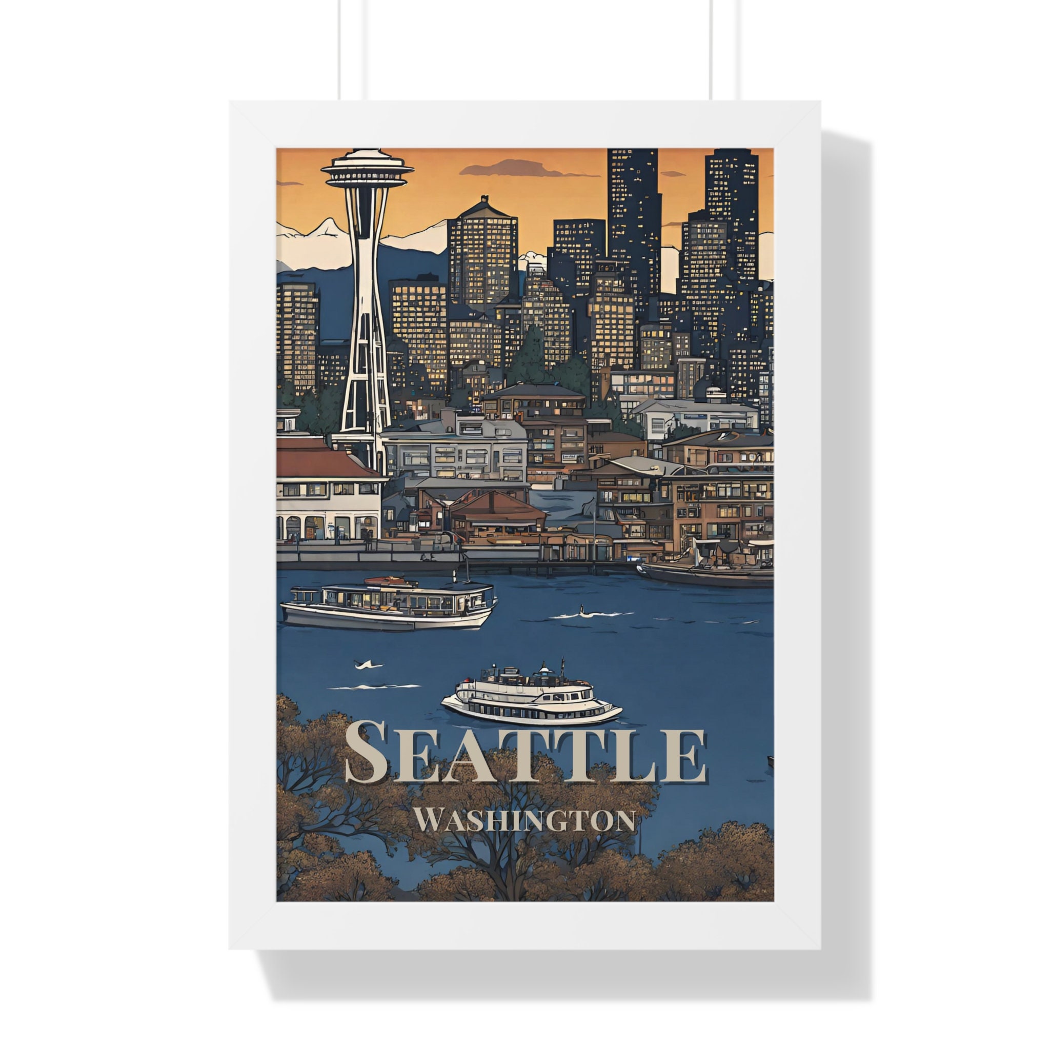Seattle Waterfront Poster, Space Needle & Pike Place Market Artwork ...