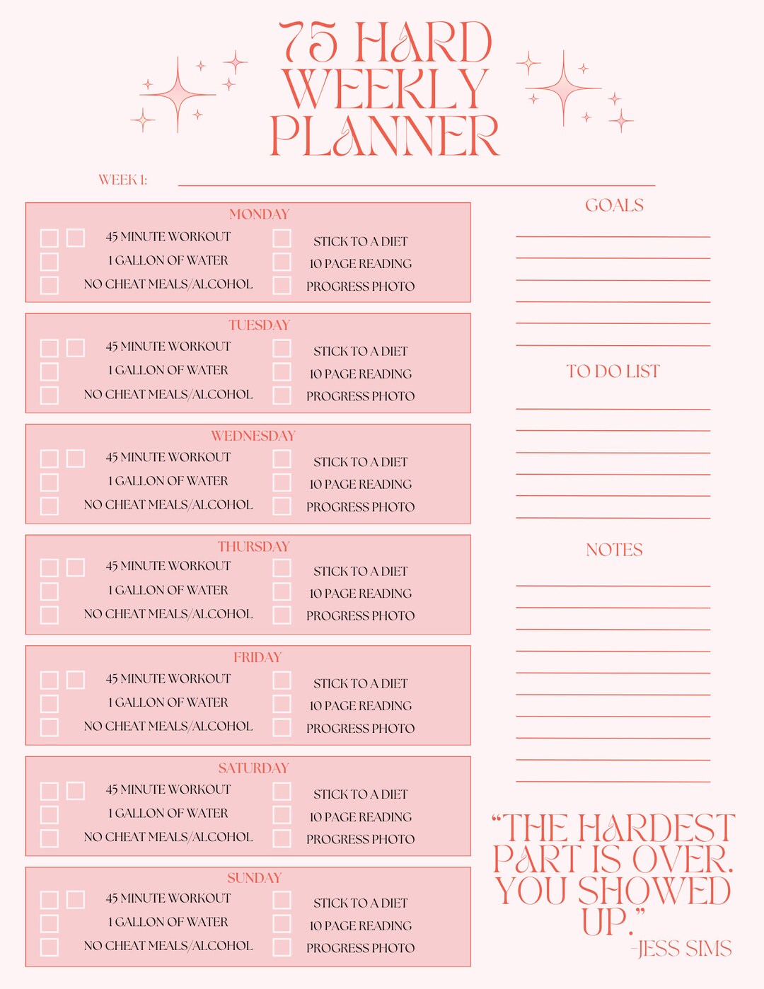 75 Hard Weekly Planner, Exercise Template, Workout Planner, 75 Hard ...