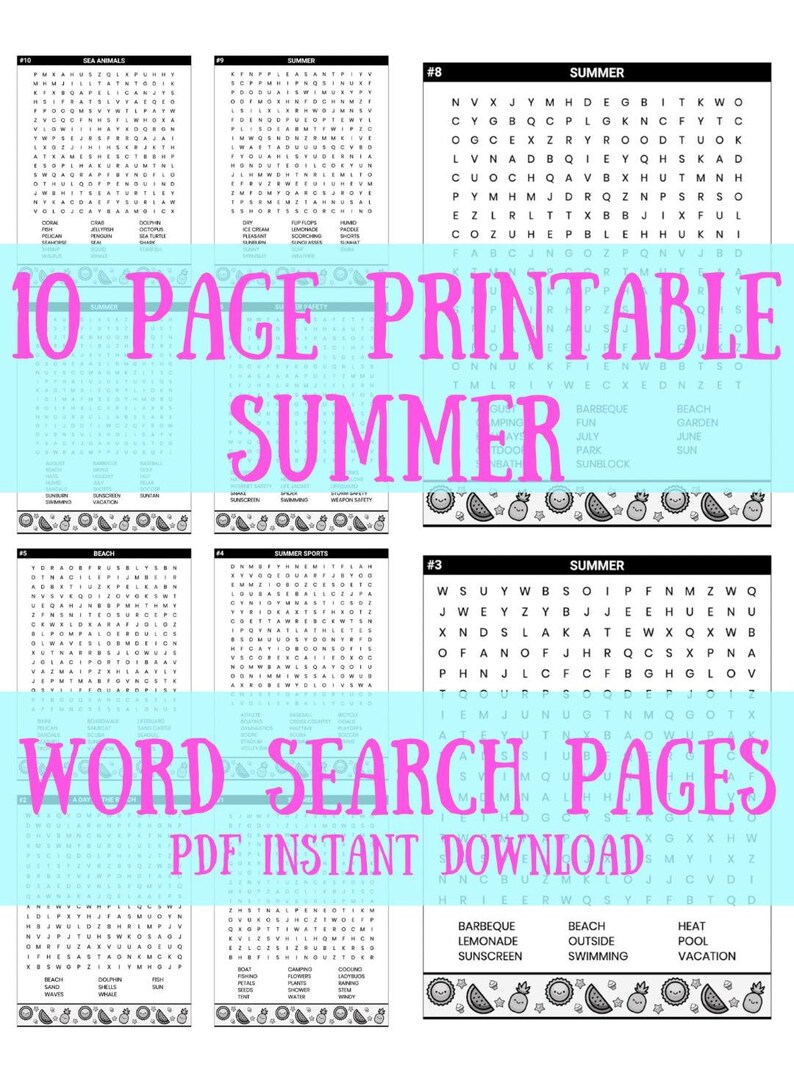 10 Printable Summer Word Search Pages Instant PDF Download, 10 ...