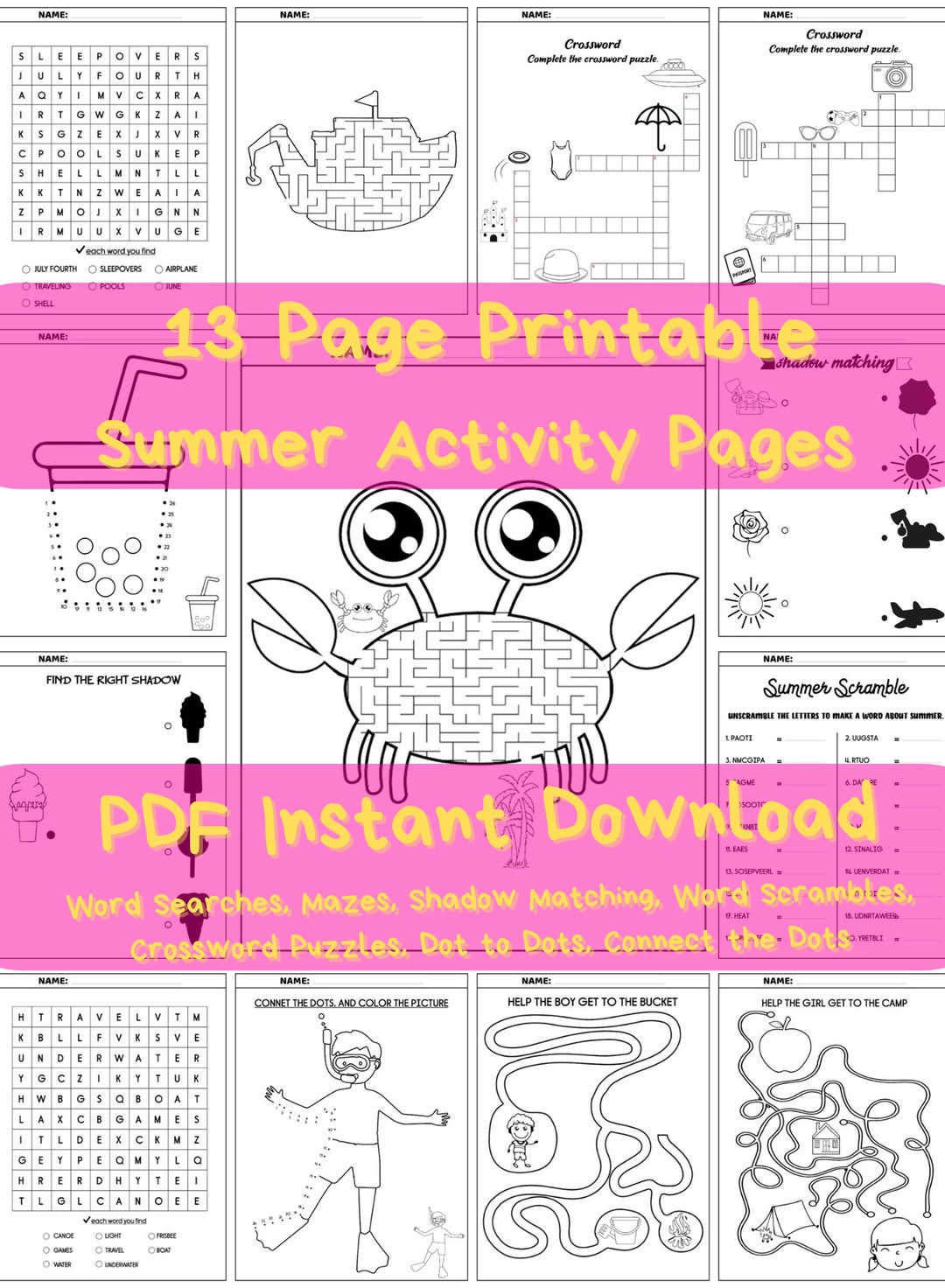 13 Printable Summer Activity Pages Instant PDF Download, 13 Printable ...