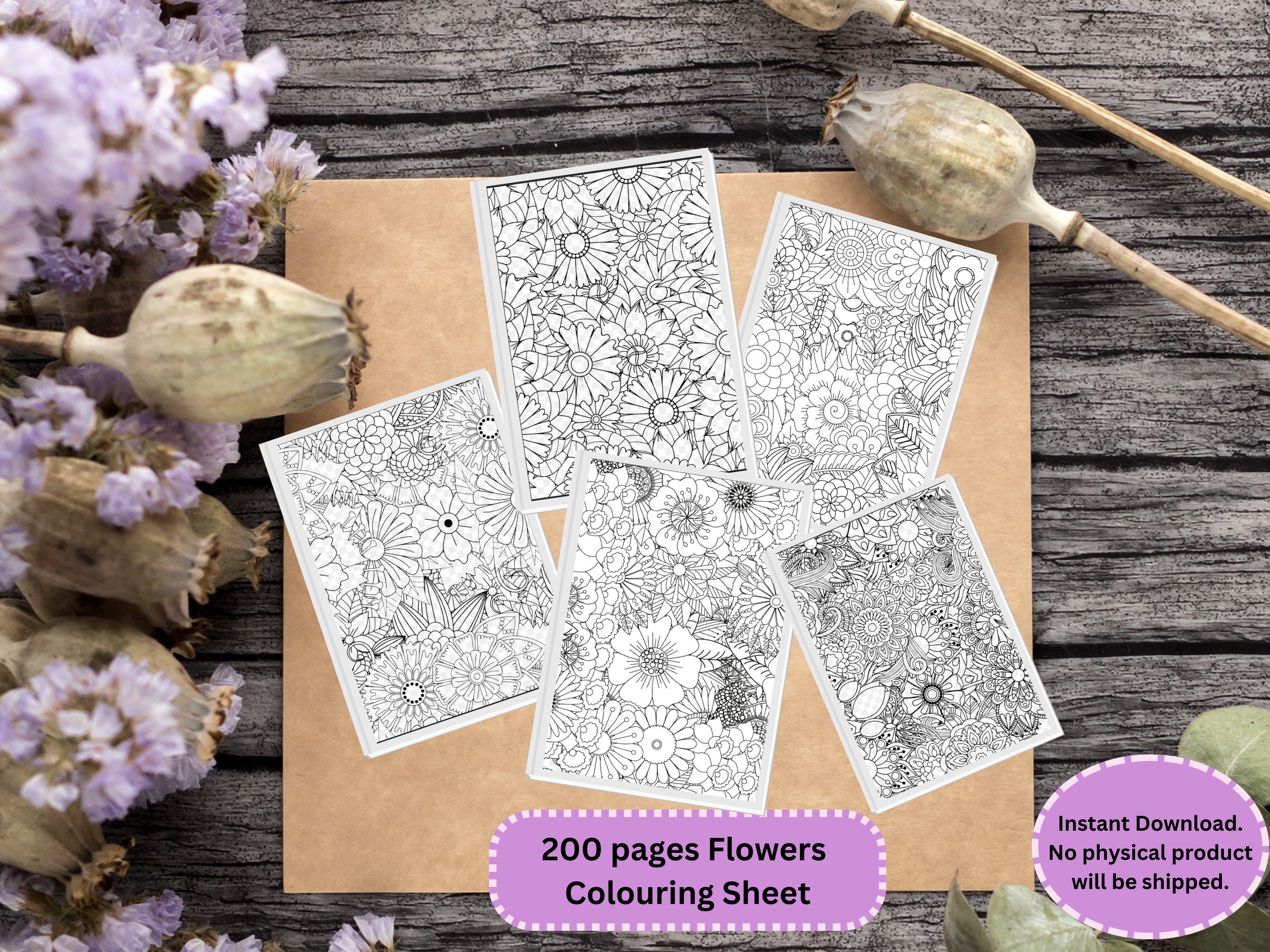 200 Pages of Flower Coloring Sheets PDF Printables Adults and Kids ...