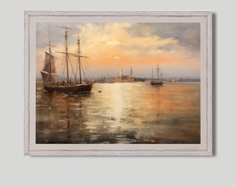 Printable Sailing Ships in a Harbor Poster Vintage Wall Art Digital ...