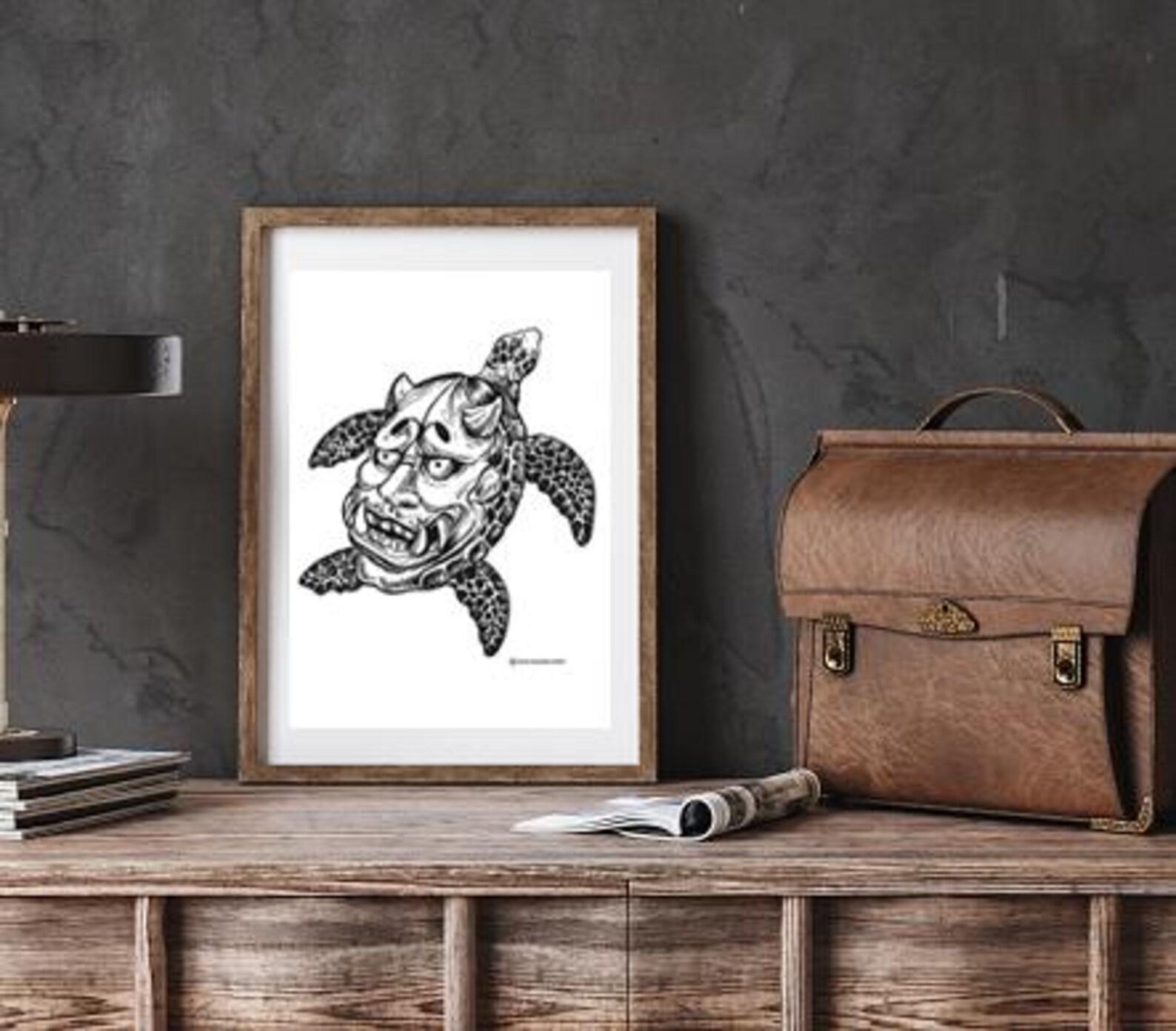 Turtle Mask Ink Sketch Art Print Japanese Ink Illustration Sea Turtle Black and White Ink ...