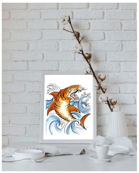 Tiger Shark Japanese Wave Art Shark Illustration Design Watercolor ...