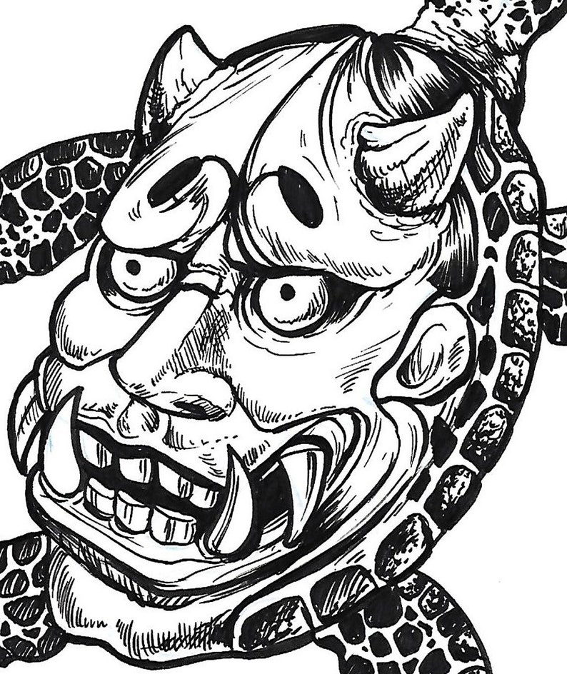 Turtle Mask Ink Sketch Art Print Japanese Ink Illustration Sea Turtle ...