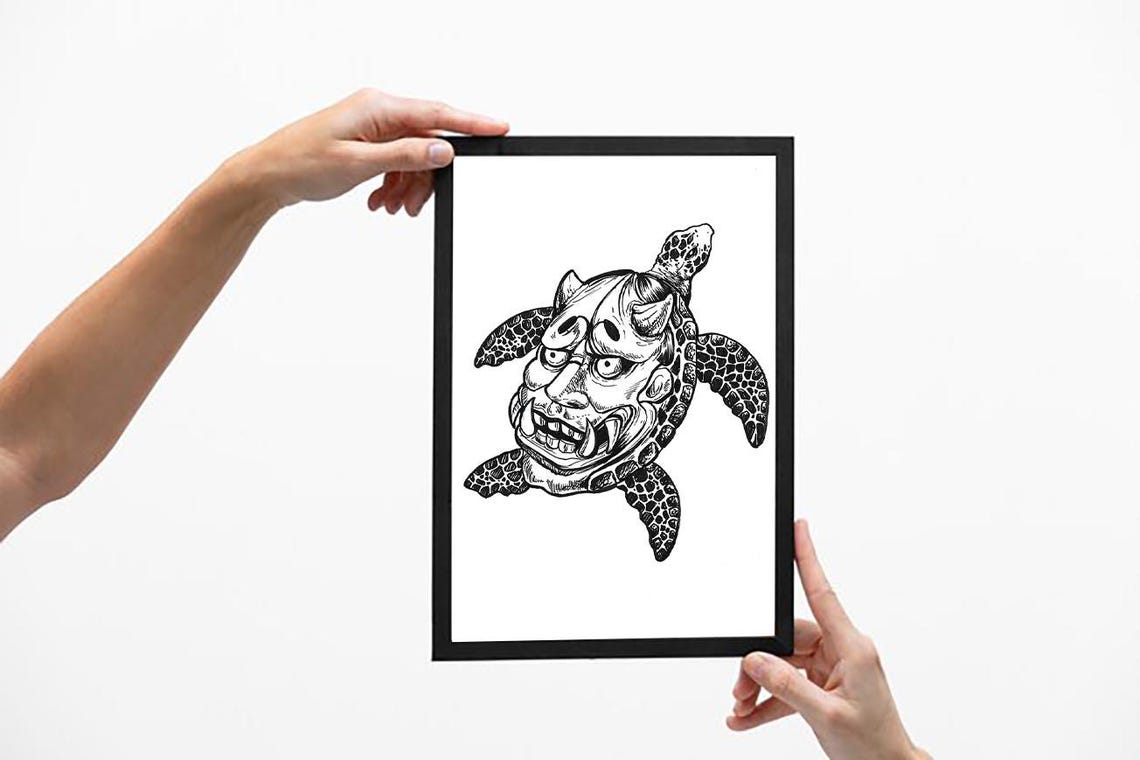 Turtle Mask Ink Sketch Art Print Japanese Ink Illustration Sea Turtle Black and White Ink ...