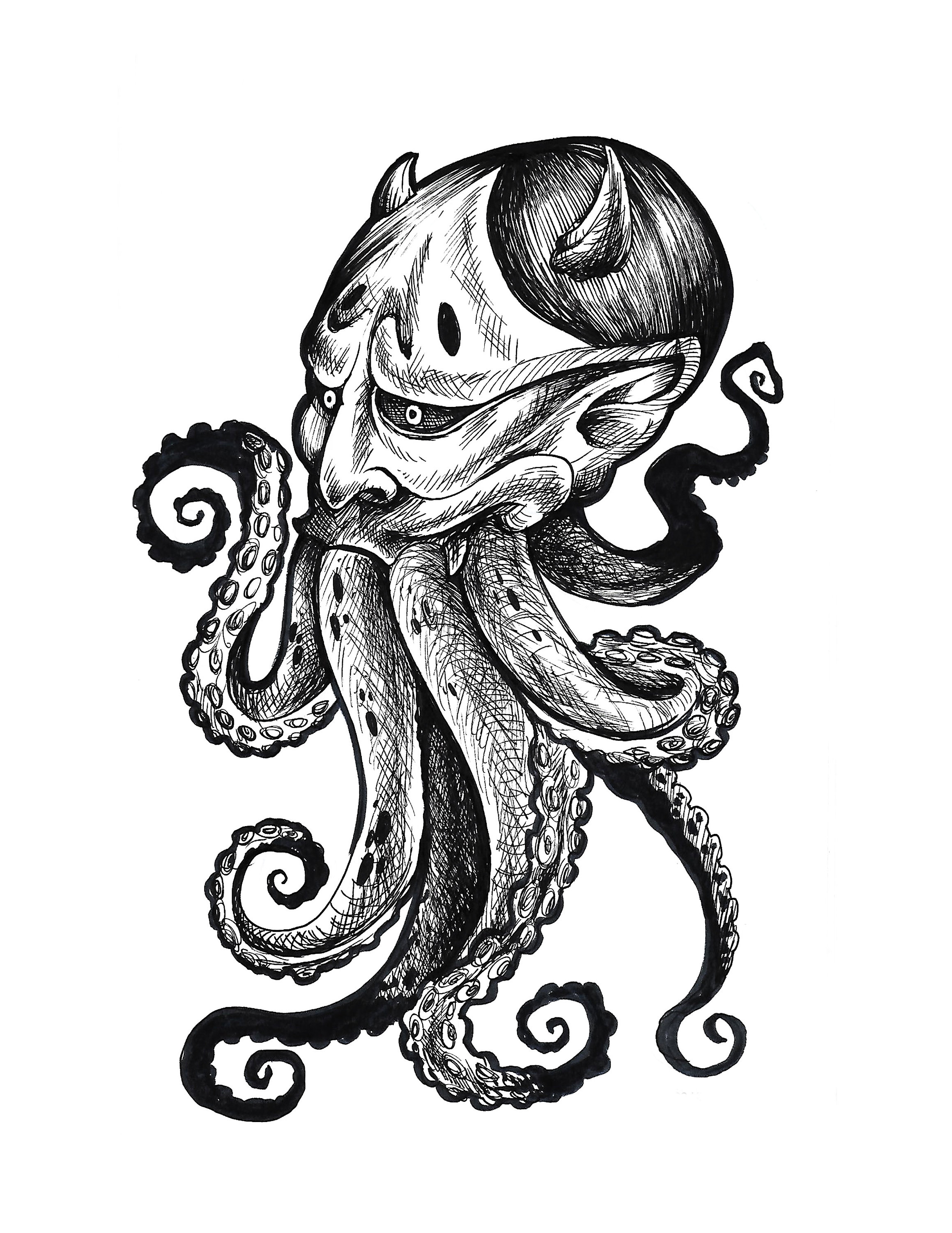 Yokai Octopus Ink Sketch Art Print Japanese Ink Illustration Octopus ...