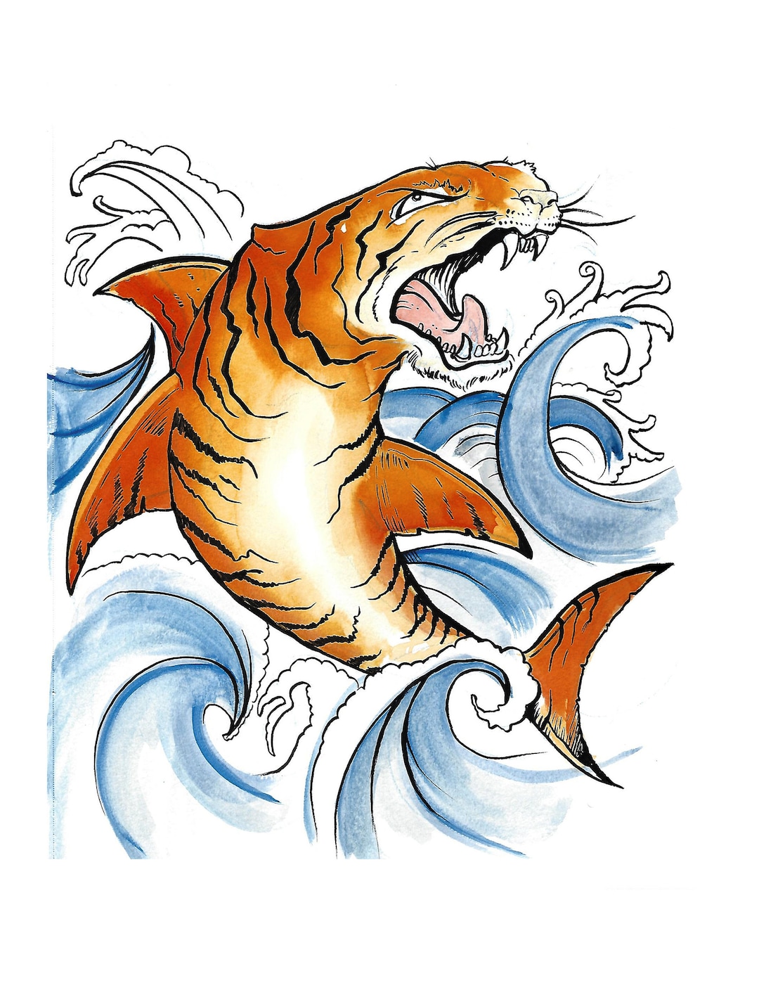 Tiger Shark Japanese Wave Art Shark Illustration Design Watercolor ...