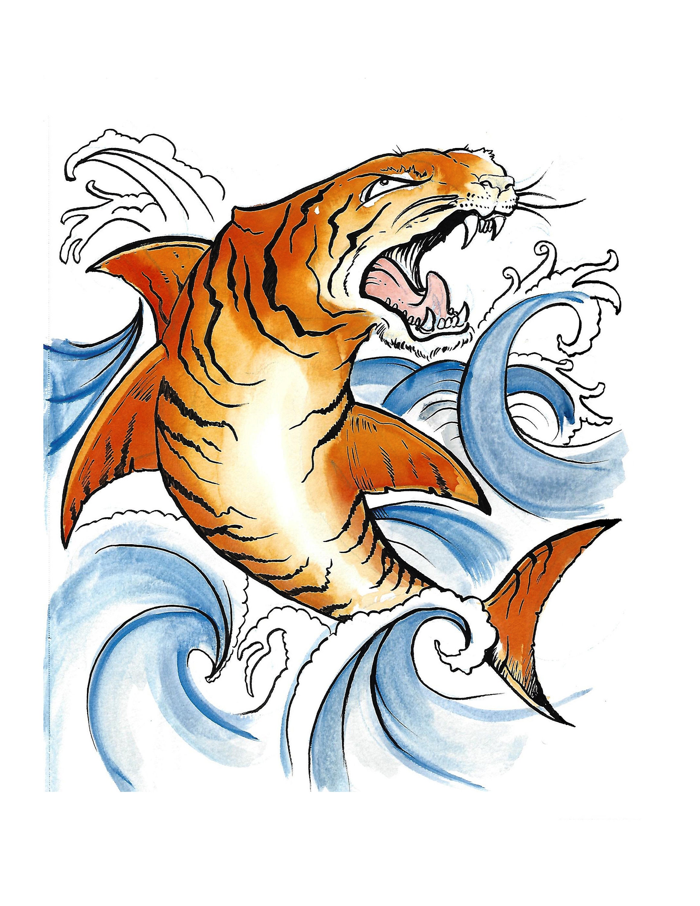 Tiger Shark Japanese Wave Art Shark Illustration Design Watercolor ...