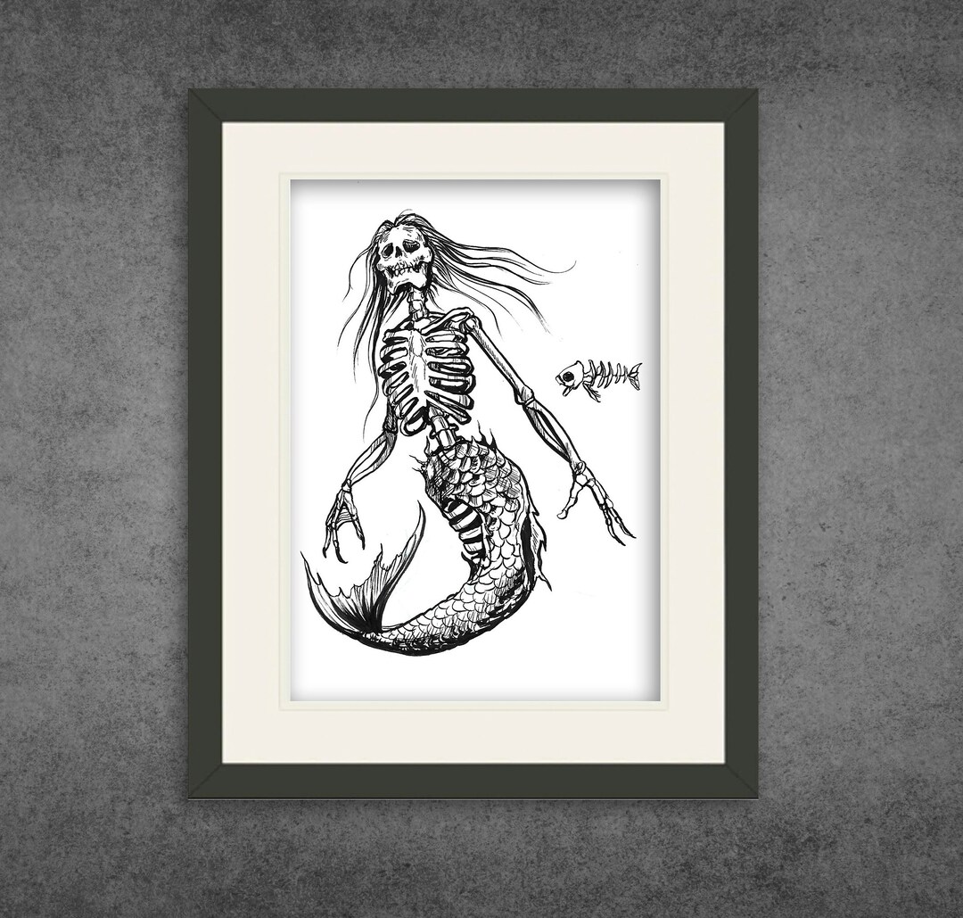 Skeleton Mermaid Drawing Monsterous Ink Sketch Bony Sea Creature ...