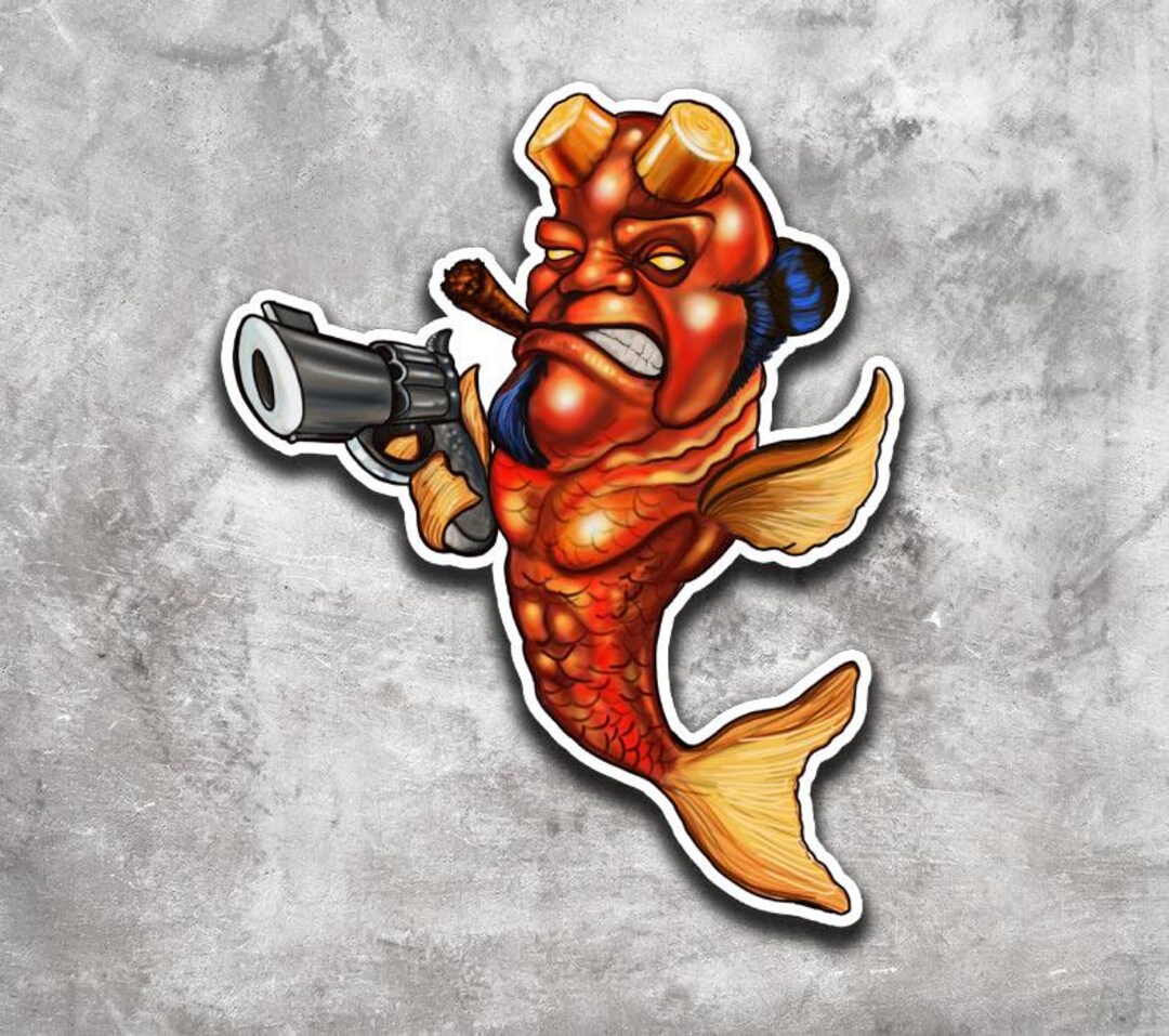 Hellboy Fish Comic Wave Sticker Fish Illustration Design Watercolor ...