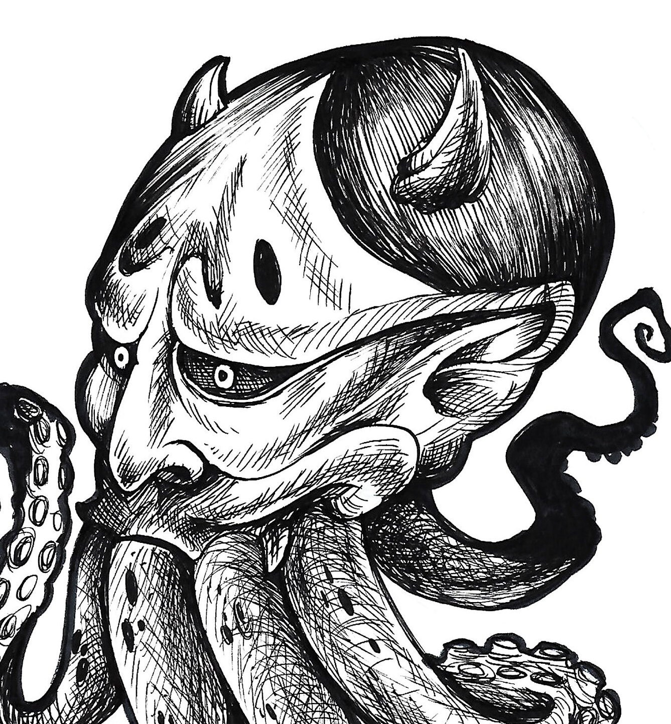 Yokai Octopus Ink Sketch Art Print Japanese Ink Illustration Octopus ...