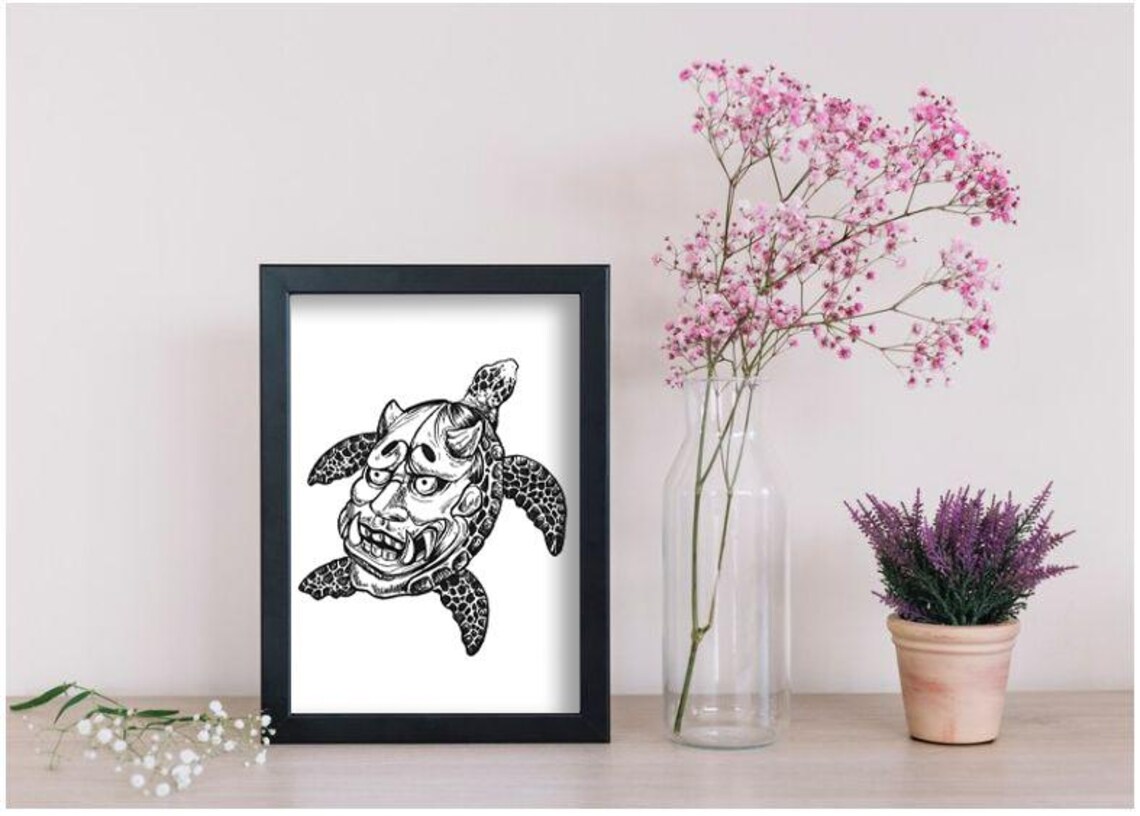 Turtle Mask Ink Sketch Art Print Japanese Ink Illustration Sea Turtle ...