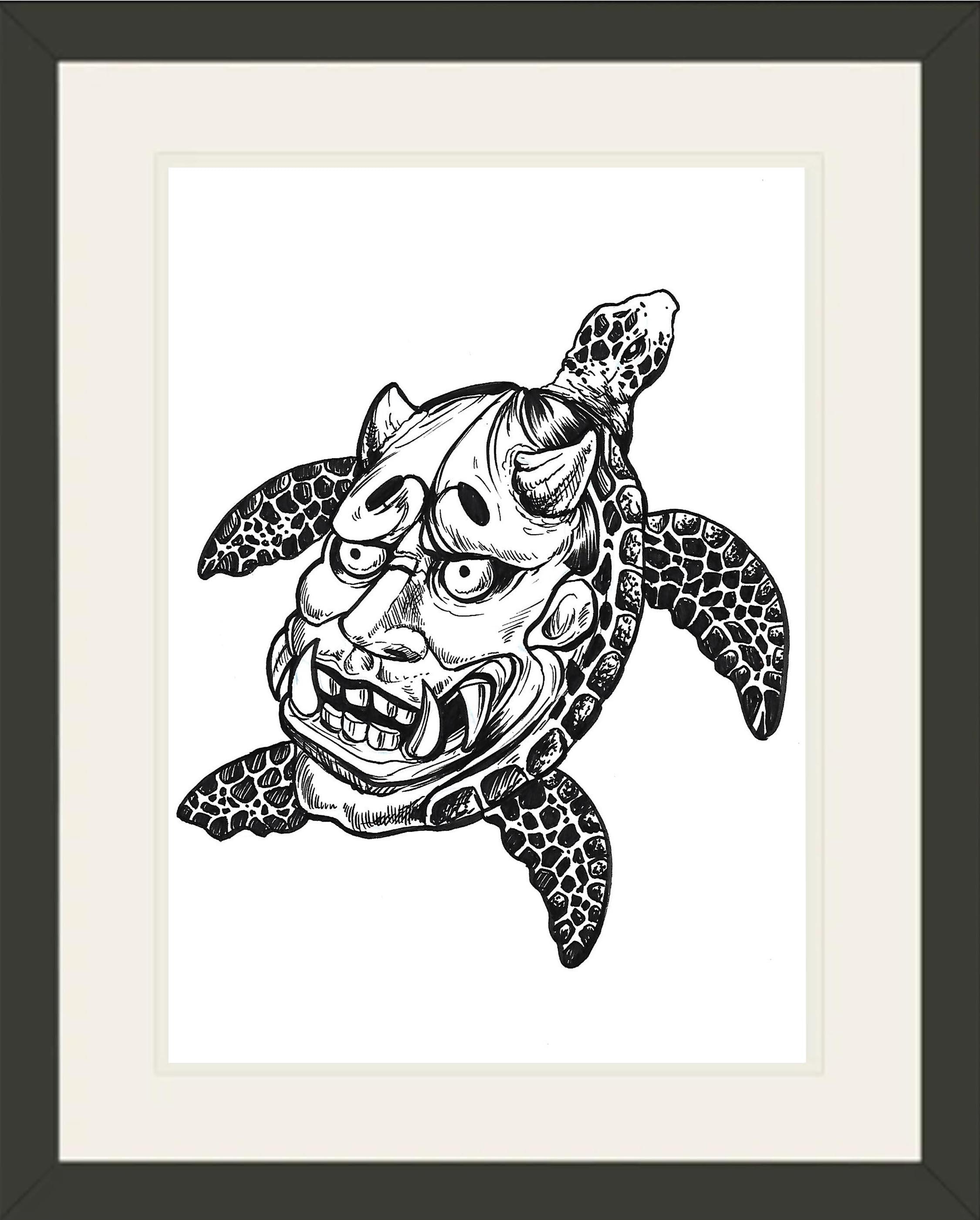 Turtle Mask Ink Sketch Art Print Japanese Ink Illustration Sea Turtle ...