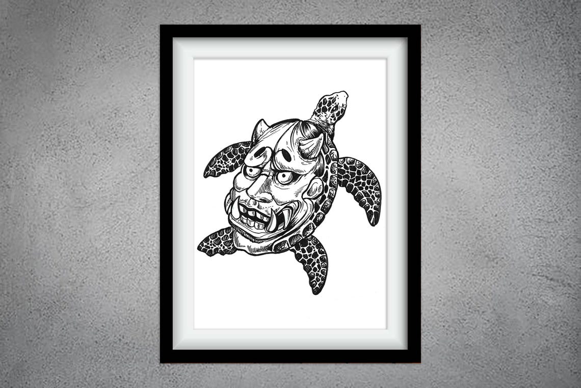 Turtle Mask Ink Sketch Art Print Japanese Ink Illustration Sea Turtle Black and White Ink ...