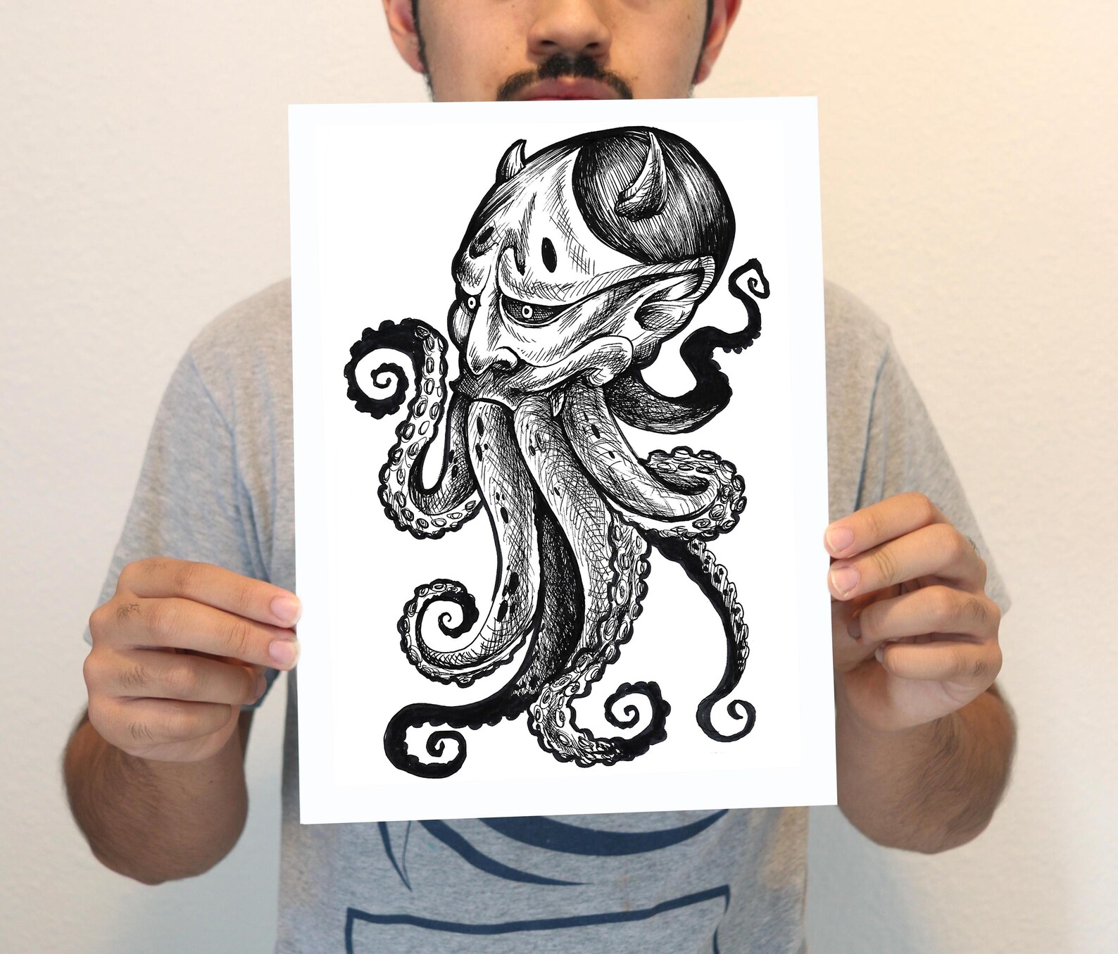Yokai Octopus Ink Sketch Art Print Japanese Ink Illustration Octopus ...