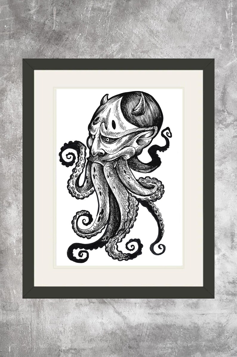 Yokai Octopus Ink Sketch Art Print Japanese Ink Illustration Octopus ...
