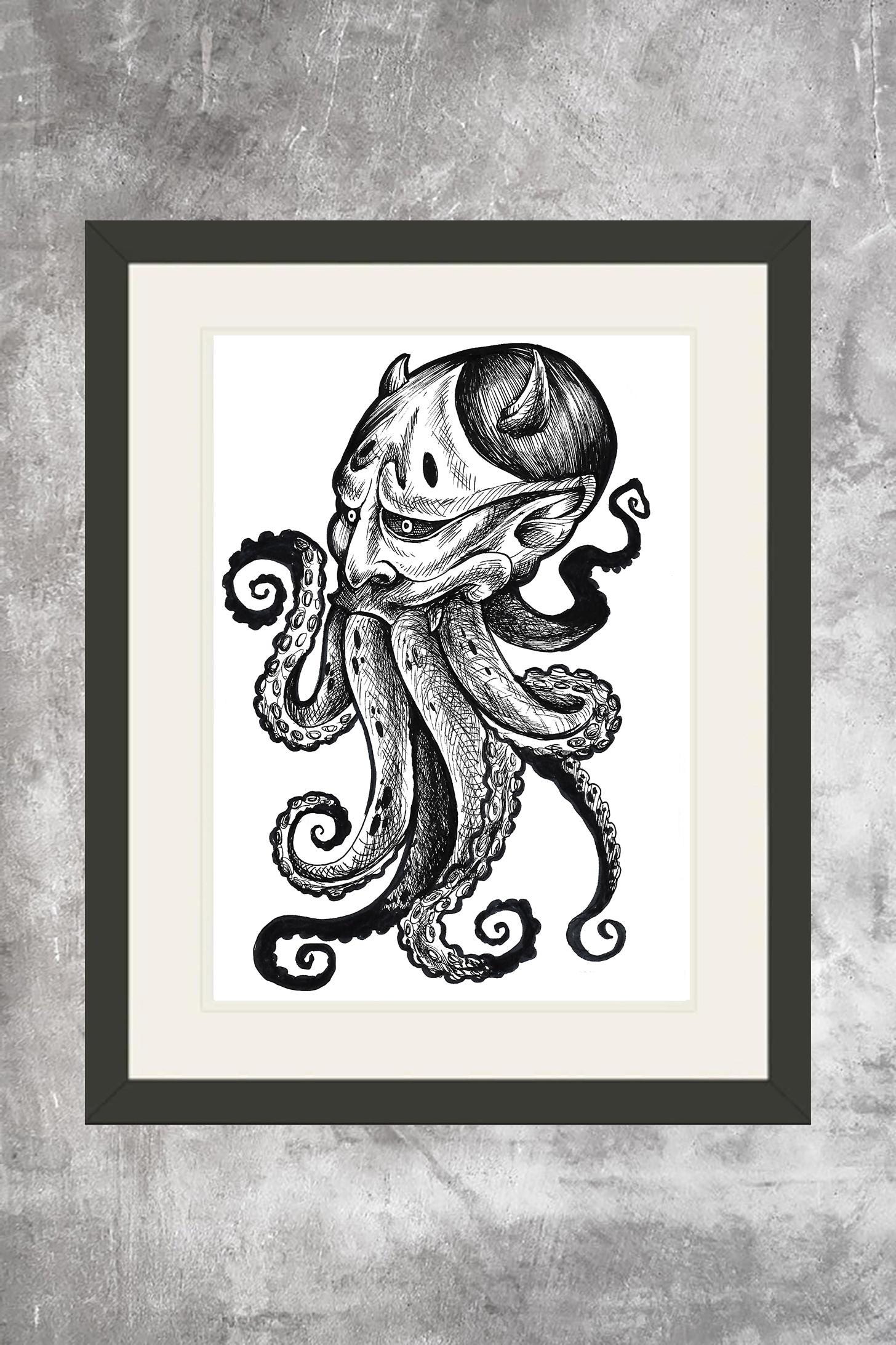Yokai Octopus Ink Sketch Art Print Japanese Ink Illustration Octopus ...