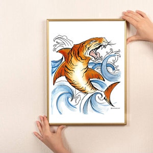 Tiger Shark Japanese Wave Art Shark Illustration Design Watercolor ...