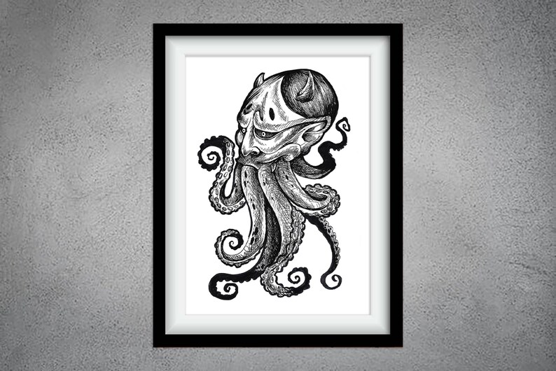 Yokai Octopus Ink Sketch Art Print Japanese Ink Illustration Octopus ...