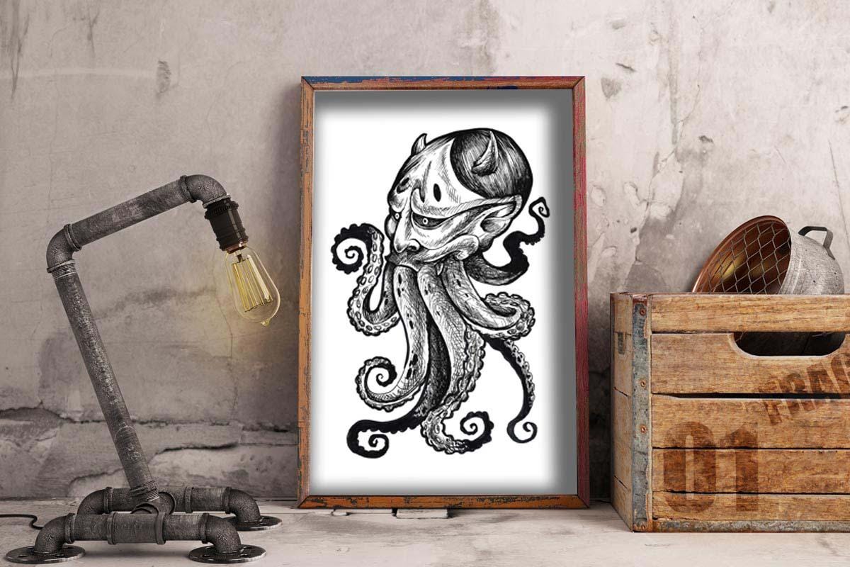 Yokai Octopus Ink Sketch Art Print Japanese Ink Illustration Octopus ...