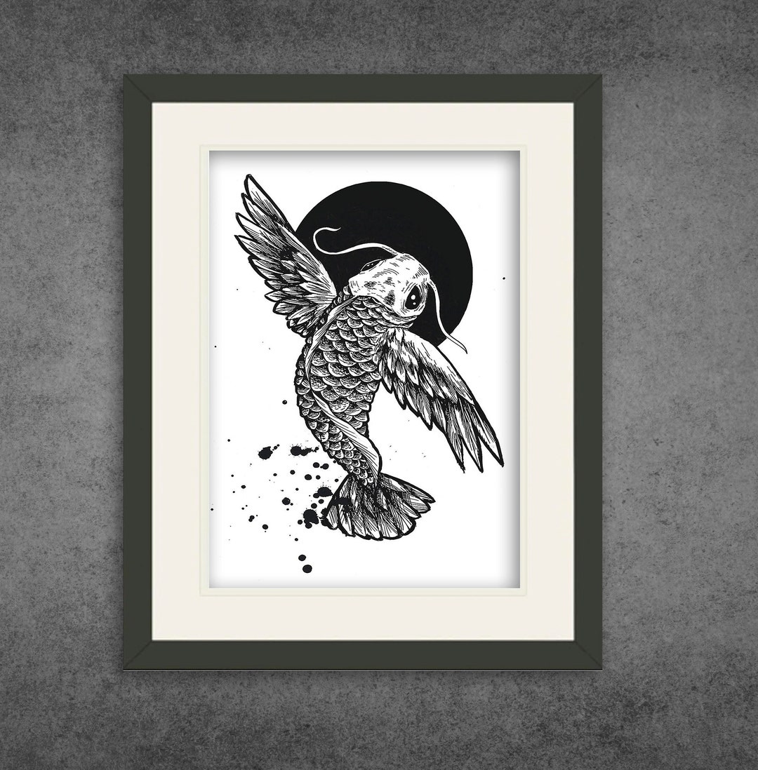 Winged Koi Fish Illustration Ink Sketch Graffiti Koi Fish Illustration ...