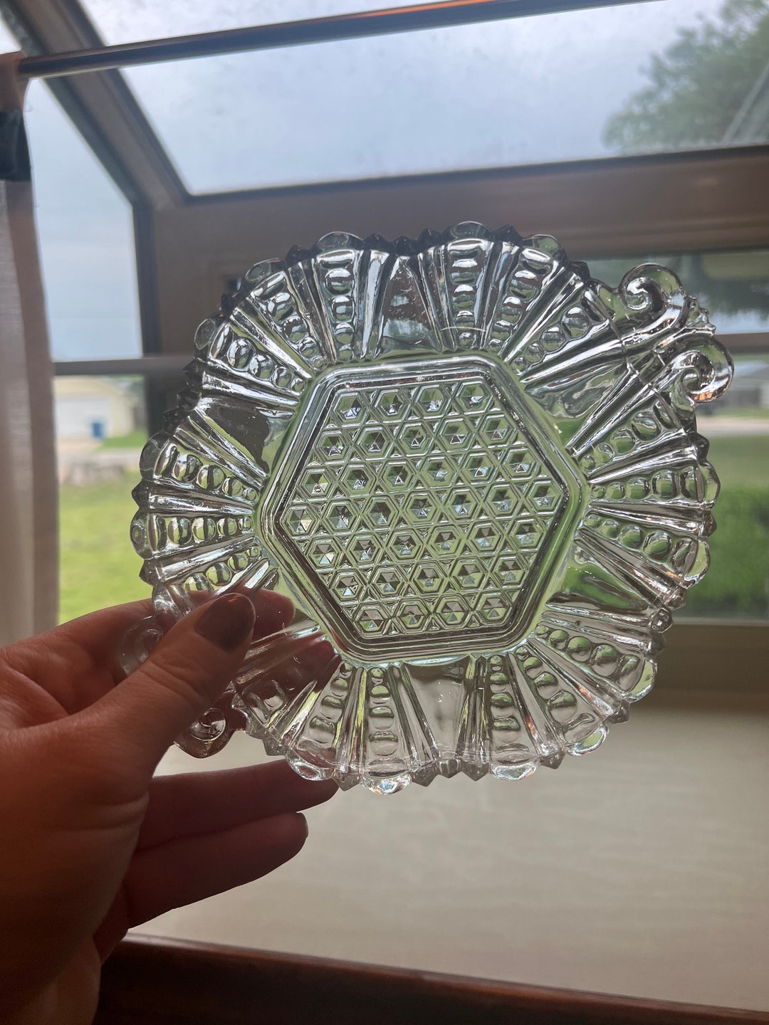 Anchor Hocking Vintage Glass Dish Hexagon Shaped Scalloped Edge Dot and ...