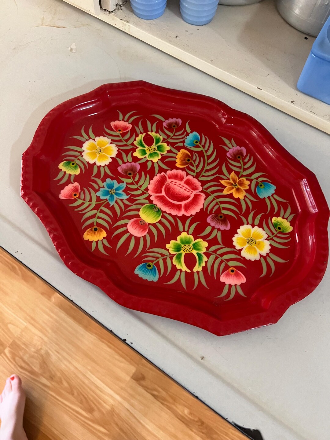 Hand Painted Enamel Red Tray With Floral Folk Art - Etsy