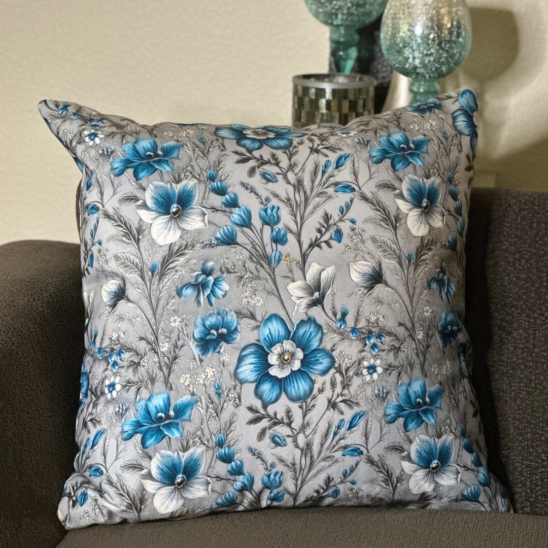 Decorative Gray Square Pillowcase Blue Floral Polyester Canvas Living ...