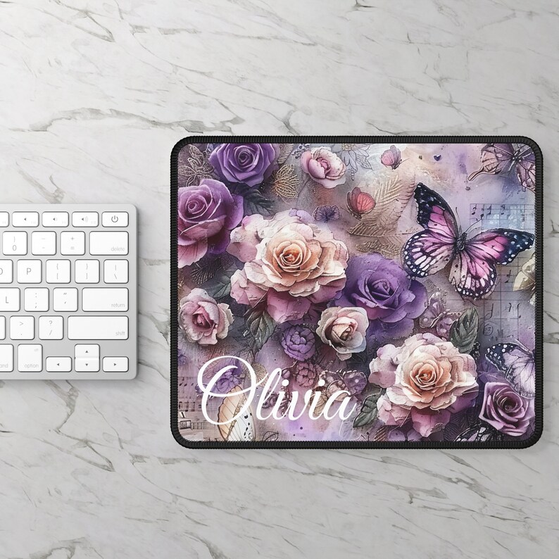 Personalized Purple Butterfly Gaming Mouse Pad Elegant Pink Rose ...