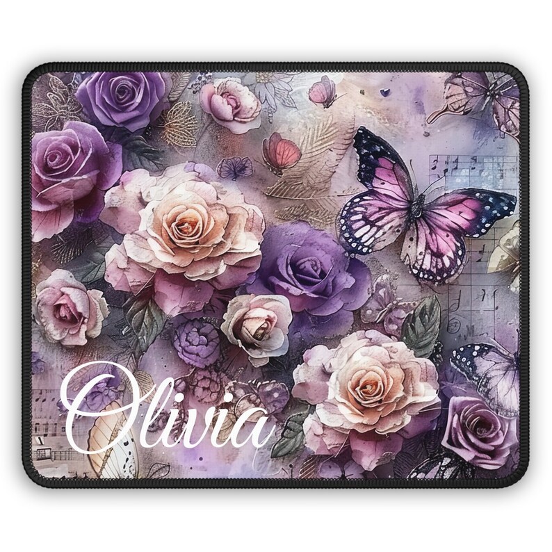 Personalized Purple Butterfly Gaming Mouse Pad Elegant Pink Rose ...