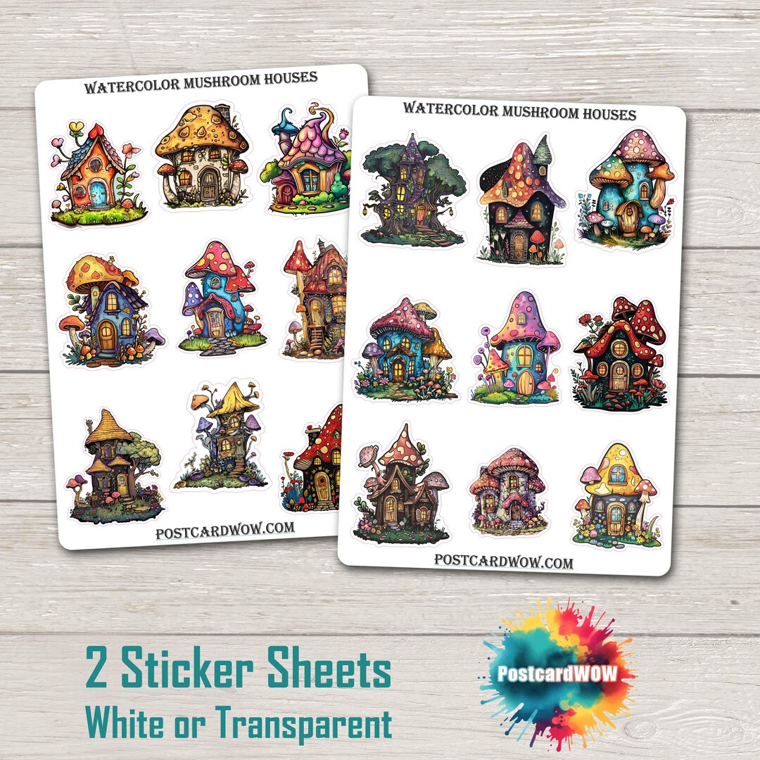 Watercolor Mushroom Houses - Sticker Set - Happy Mail - Junk Journal ...