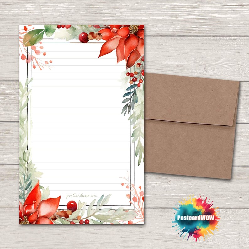 Christmas Poinsettia's - Letter Writing Paper - 12 Sheets Single Sided ...