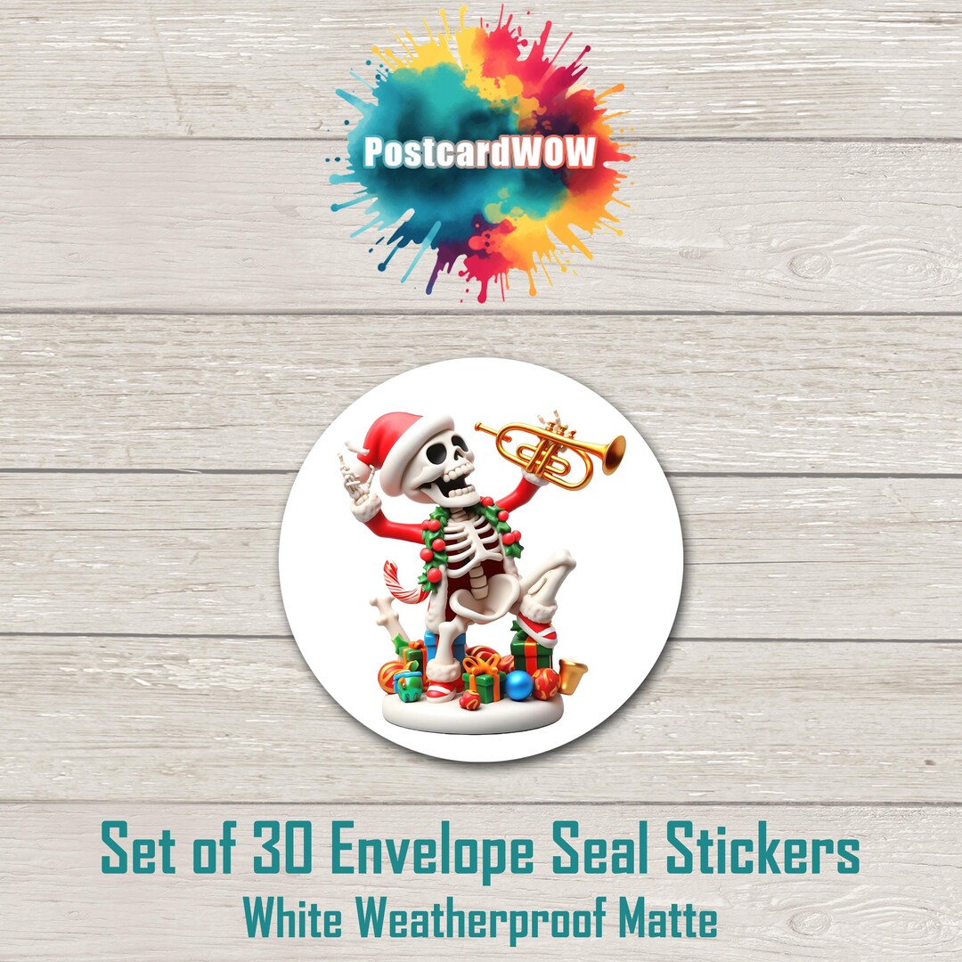 Skeleton With Trumpet Envelope Seal Labels Sheets of 30 Adhesive ...
