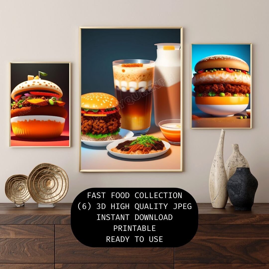 3D Art Burger and Fast-food Print Digital Artwork | Wall Art | Instant ...