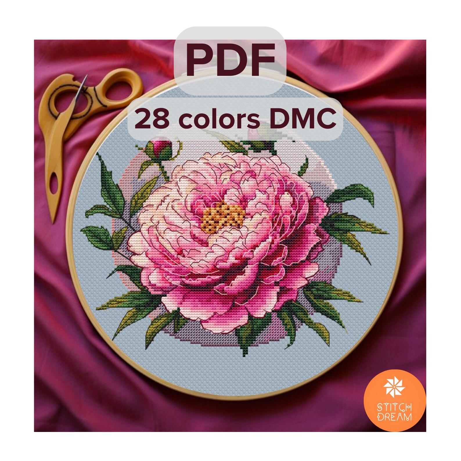 Pattern Peony Cross Stitch Floral X-stitch Spring Flowers Cross Stitch ...