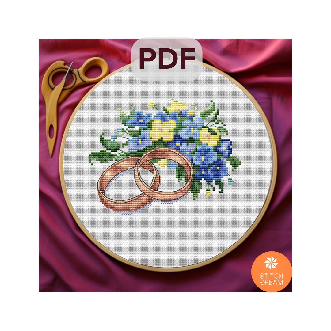 Pattern Wedding Rings Cross Stitch Rings With Blue and Yellow Flowers ...