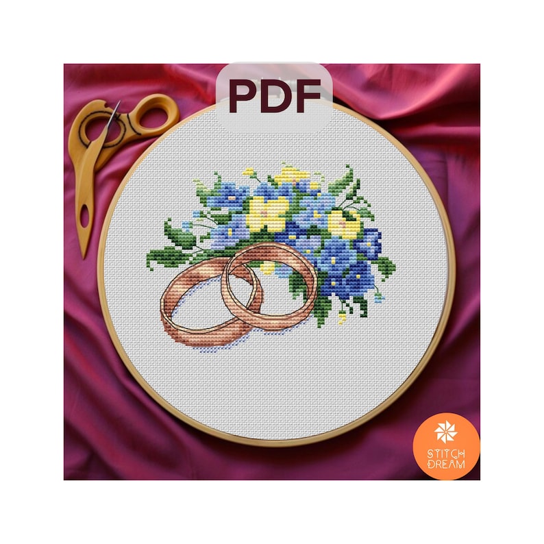 Pattern Wedding Rings Cross Stitch Rings With Blue and Yellow Flowers ...