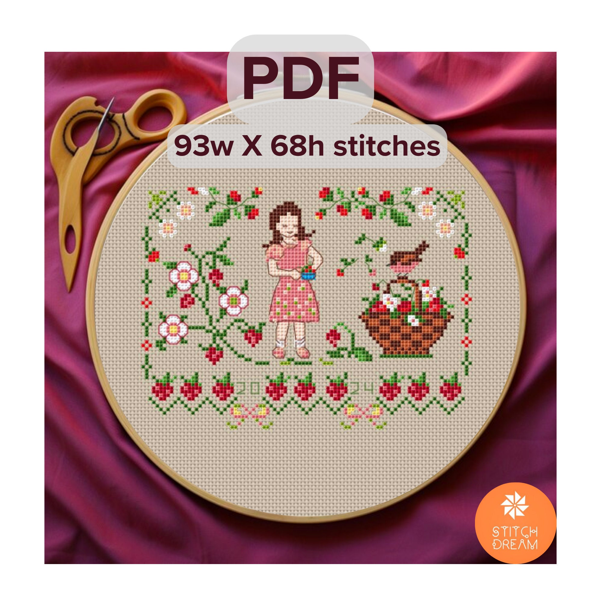 Pattern Summer Strawberry Cross Stitch Sampler Girl and Strawberry ...