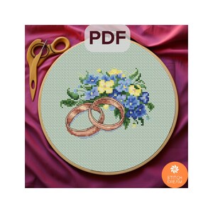 Pattern Wedding Rings Cross Stitch Rings With Blue and Yellow Flowers ...