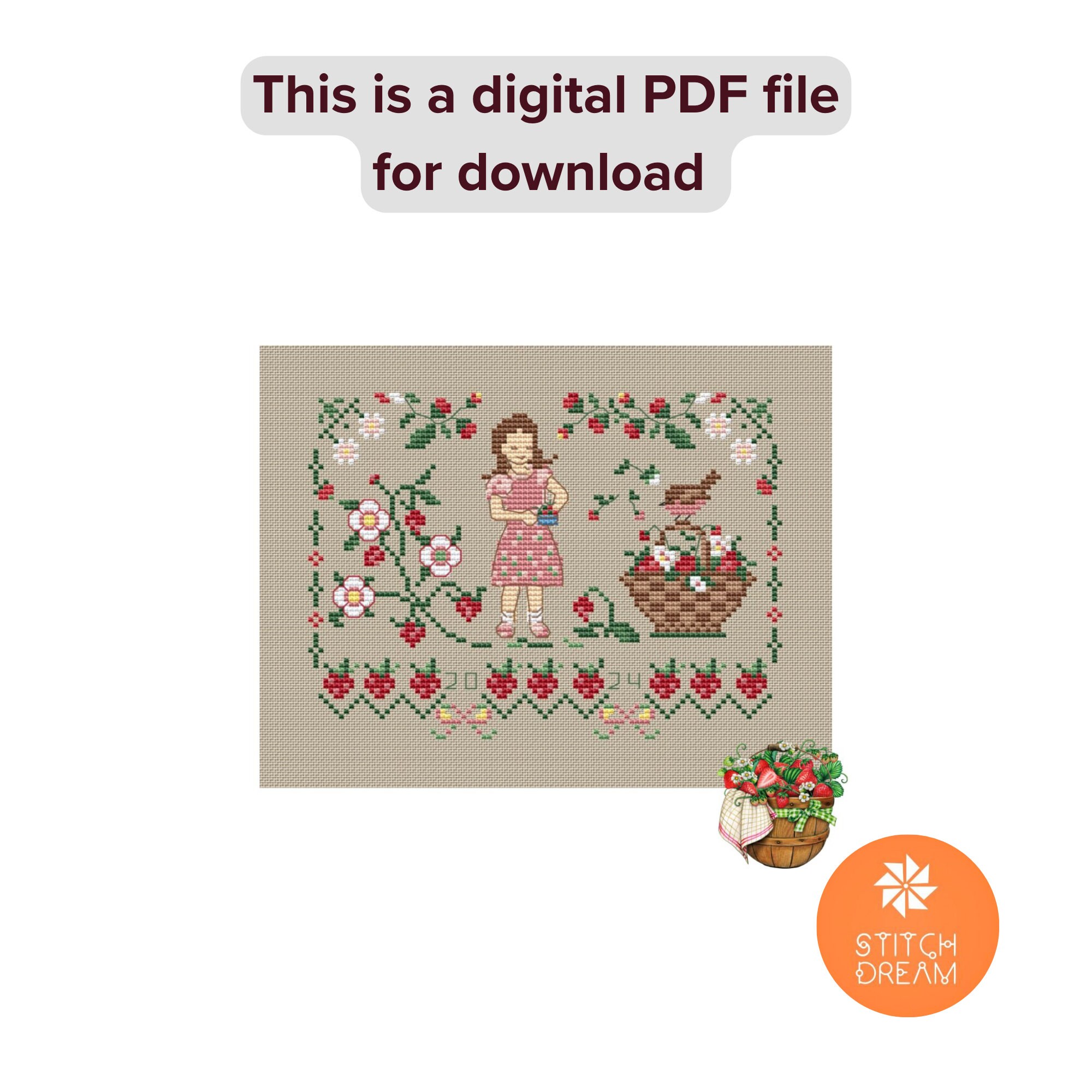 Pattern Summer Strawberry Cross Stitch Sampler Girl and Strawberry ...