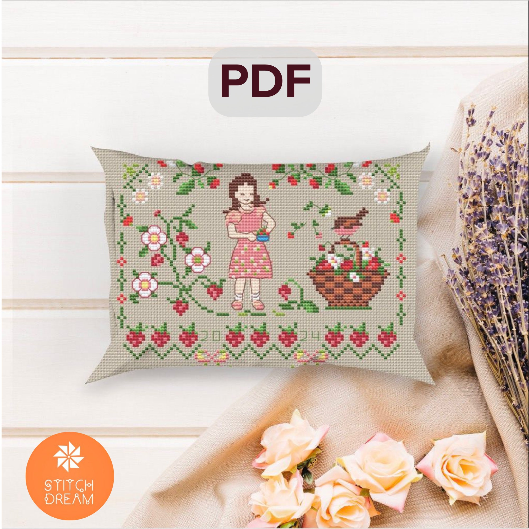 Pattern Summer Strawberry Cross Stitch Sampler Girl and Strawberry ...