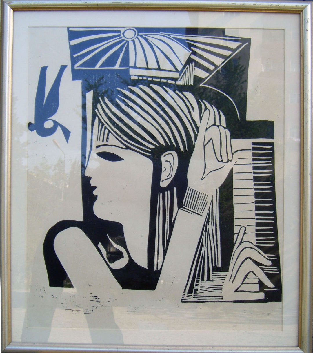 The Girl and the Piano 1960 / Mid-century Vintage Linocut / 60cm X 70cm ...