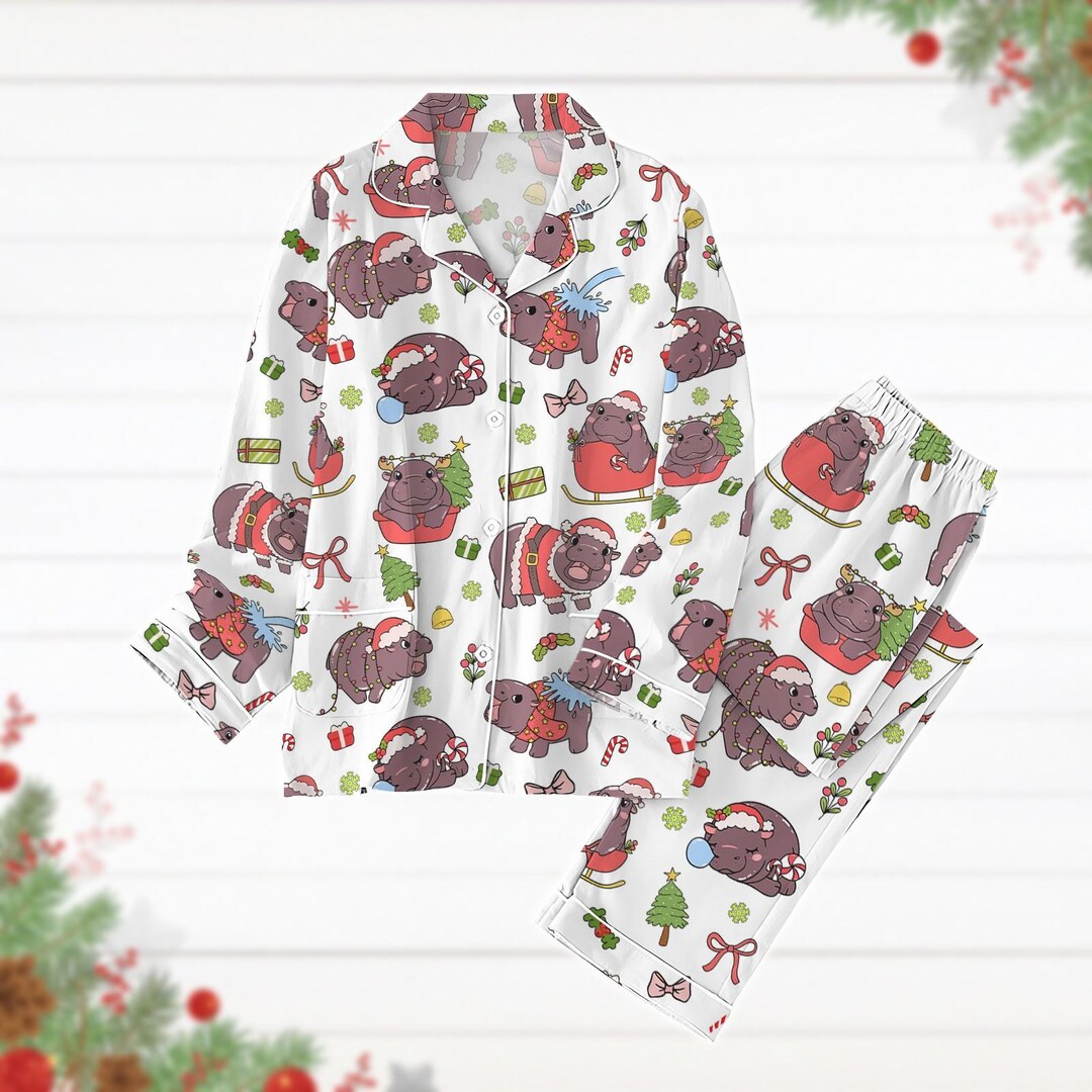 Moo Deng Pajamas Set, Cute Baby Hippo Shirt, Baby Pygmy Hippo Holiday ...