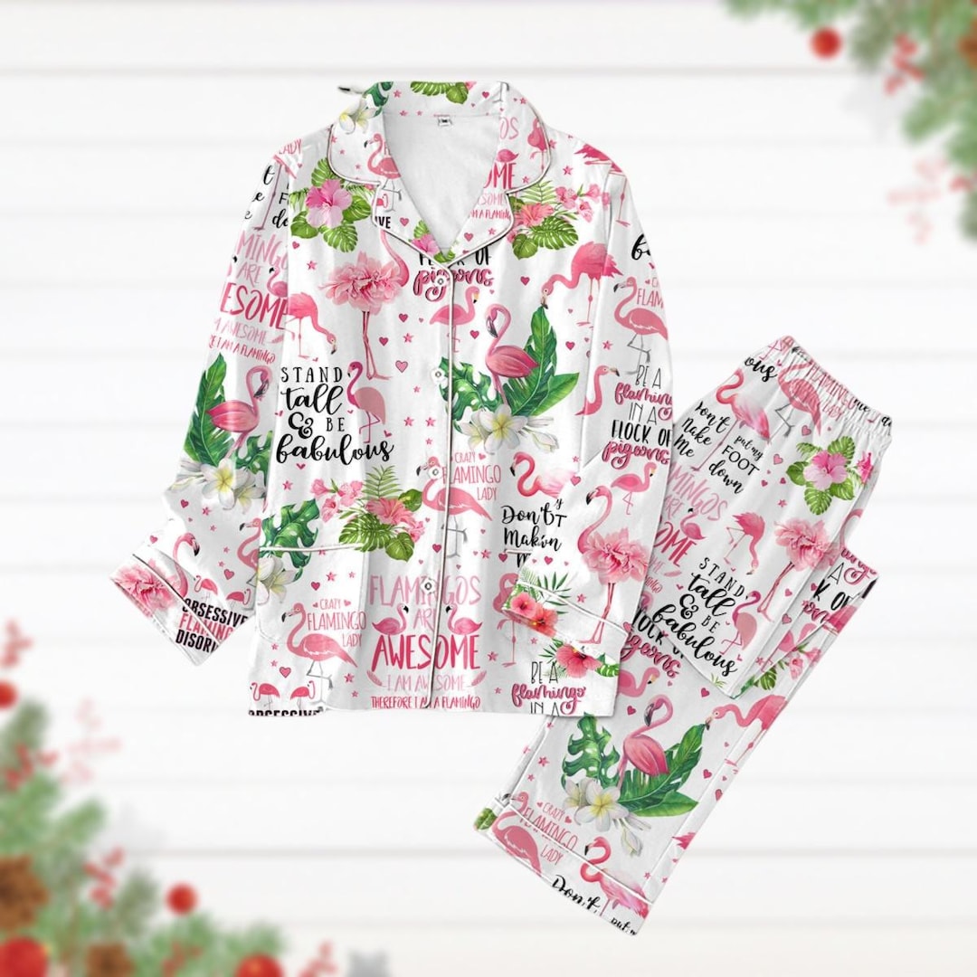 Flamingo Pajamas Set, Animal Women Pajamas, Pink Flamingo Pyjamas, Long ...