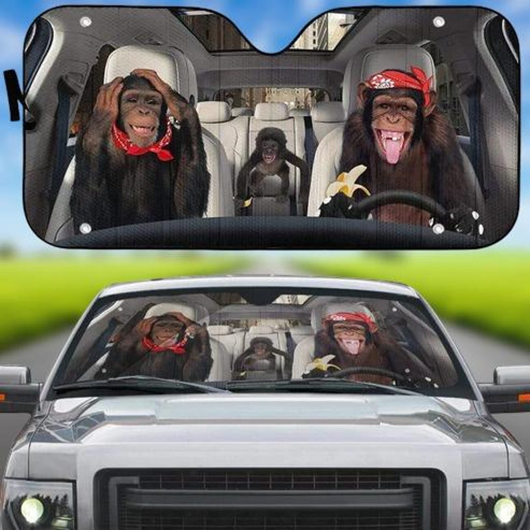 Funny Monkey Car Sun Shade, Chimpanzee Family Windshield Cover, Banana ...