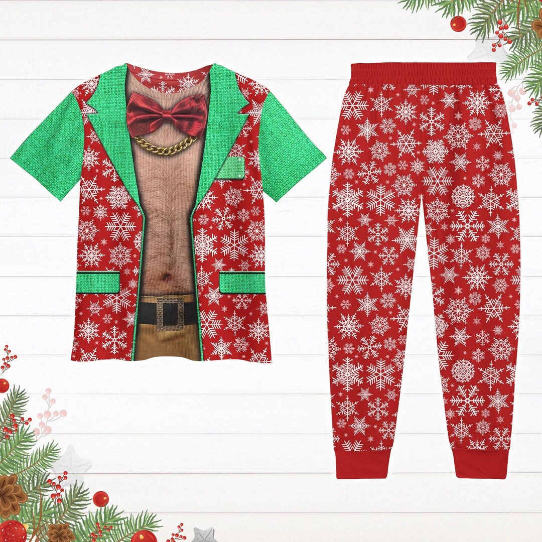 Tacky Hairy Chest Pajamas Set, Tuxedo Suit Print Holiday Pajamas, Funny ...