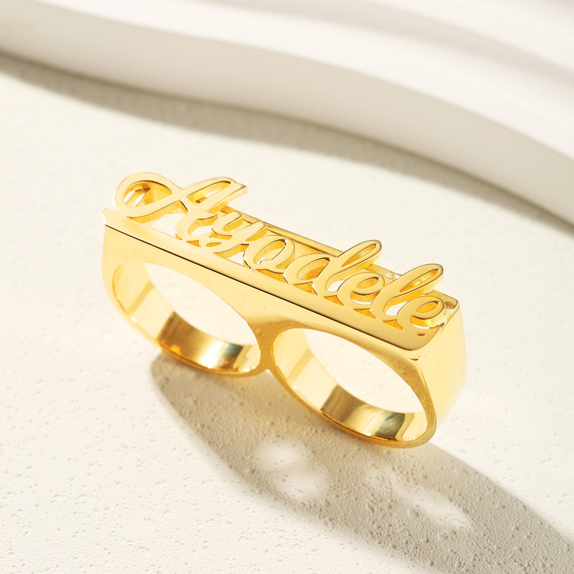Gold Two Finger Name Ring, Custom Nameplate Ring, 3D Name Finger Ring ...